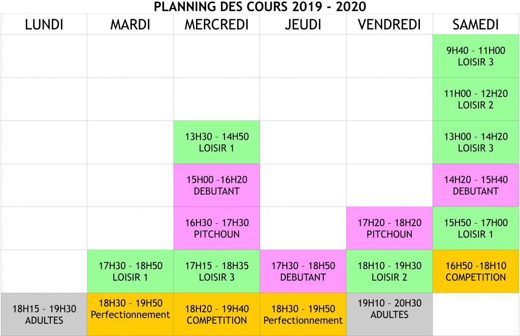 Planning des cours